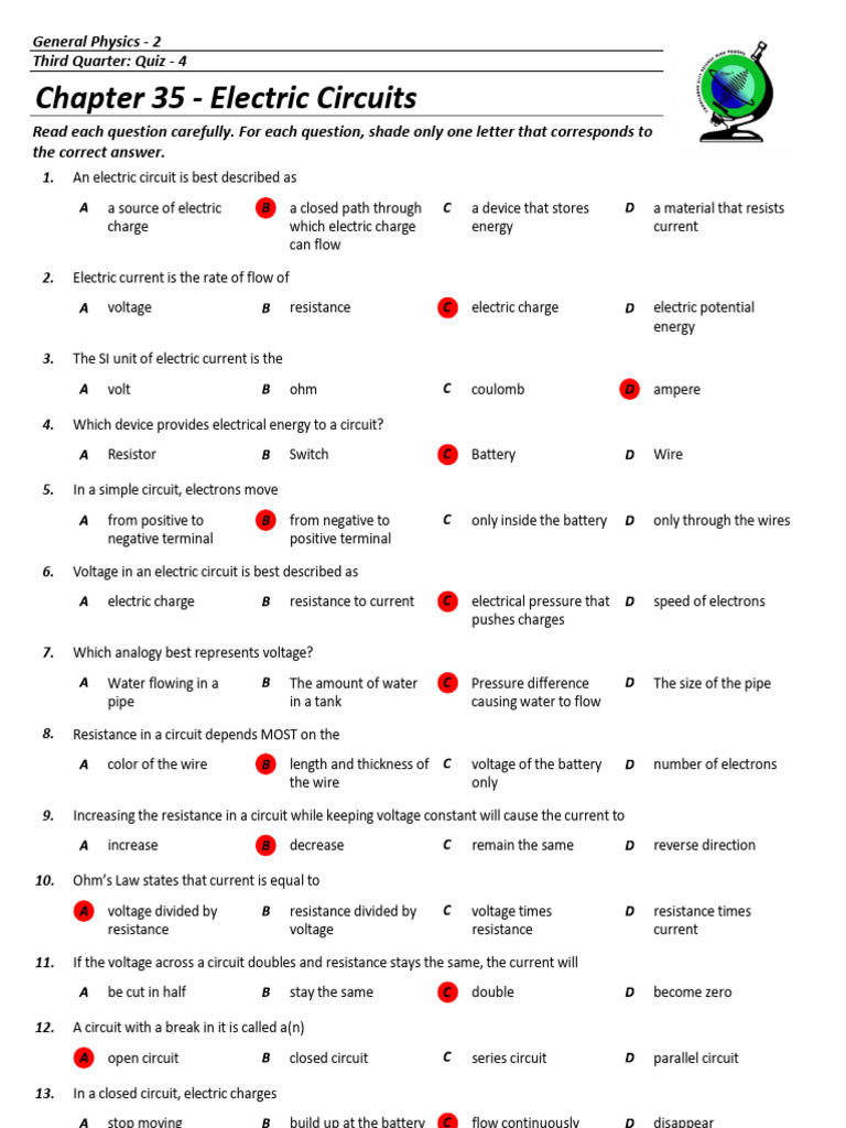Electric Circuits Quiz Questions | PDF | Series And Parallel Circuits ...