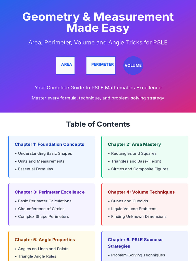 PSLE Geometry: Area, Perimeter, Volume Guide | PDF | Volume | Area