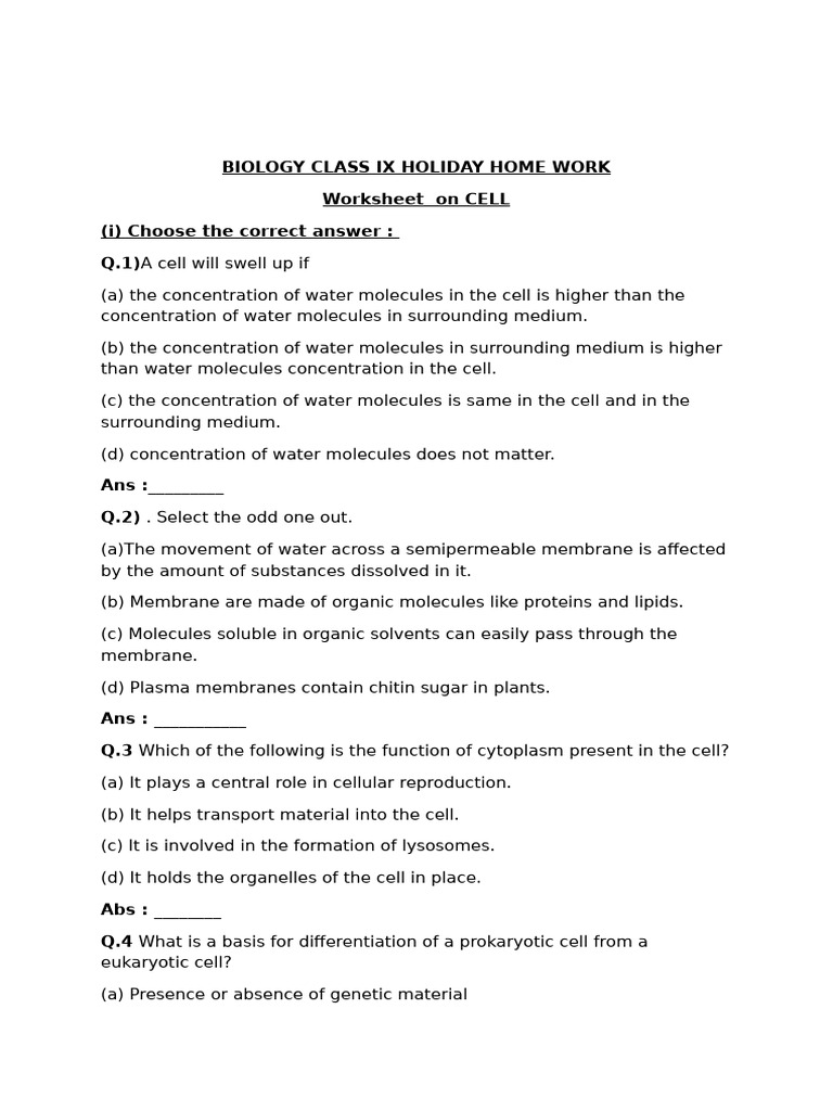Ix Bio Holiday Worksheet | PDF | Cell (Biology) | Cell Membrane