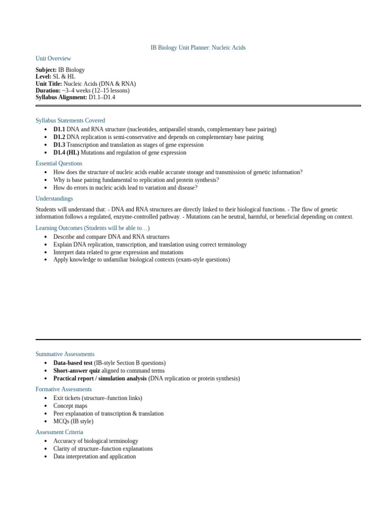 IB Biology Nucleic Acids Unit Plan | PDF | Dna | Gene