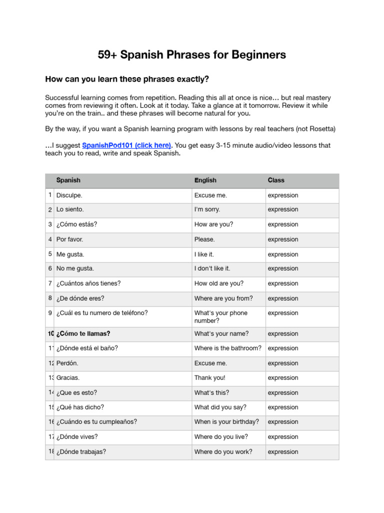 Essential Spanish Phrases for Beginners | PDF
