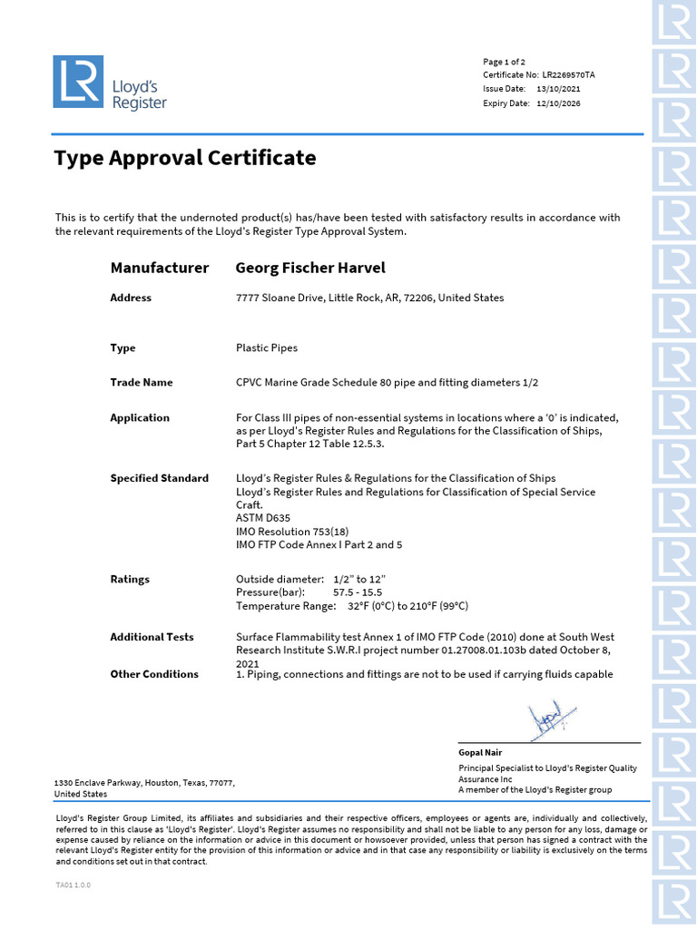 Lloyd's Register Type Approval Certificate | PDF | Legal Liability ...
