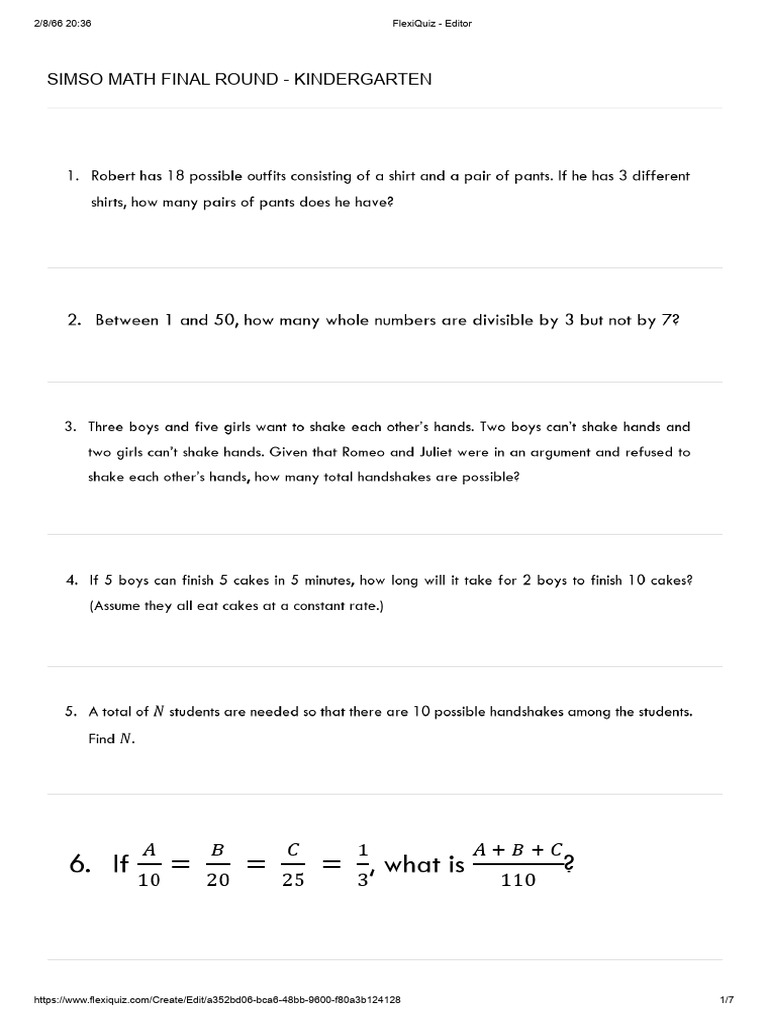 Kindergarten Math Final Round Quiz | PDF