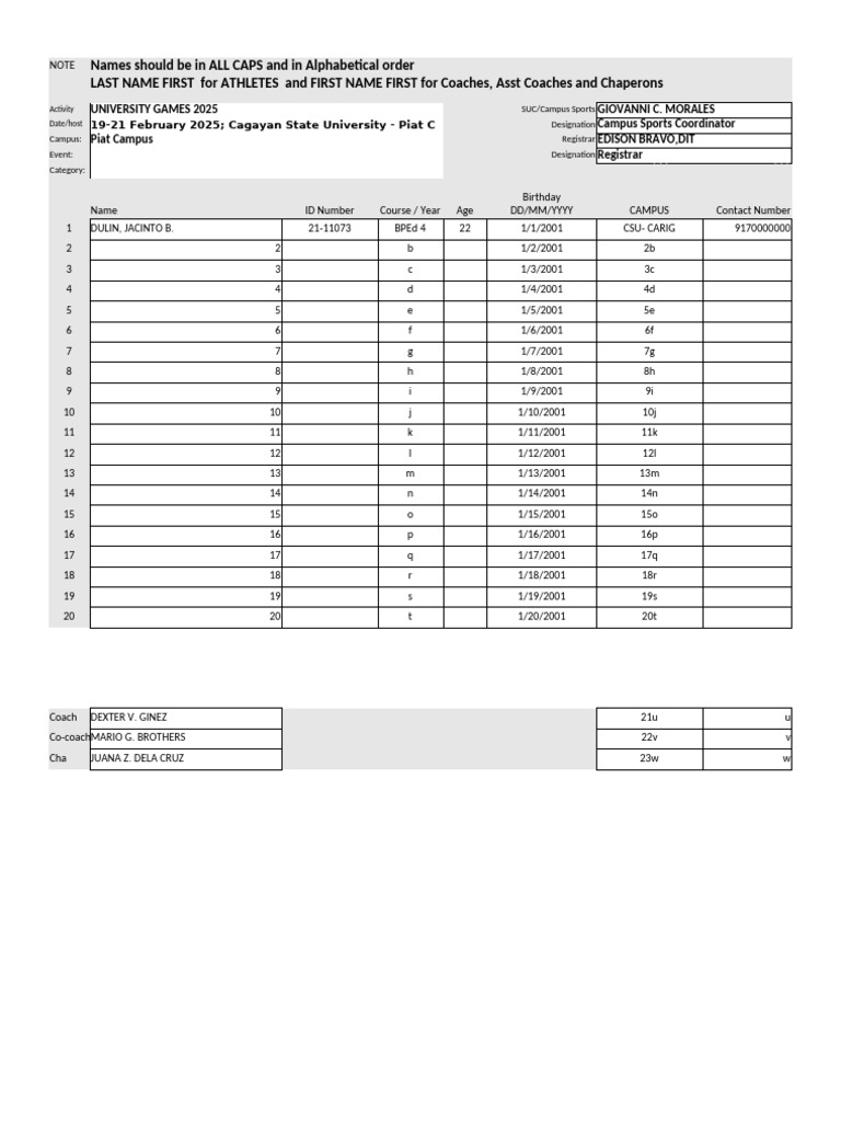 University Games 2025 Entry Forms | PDF