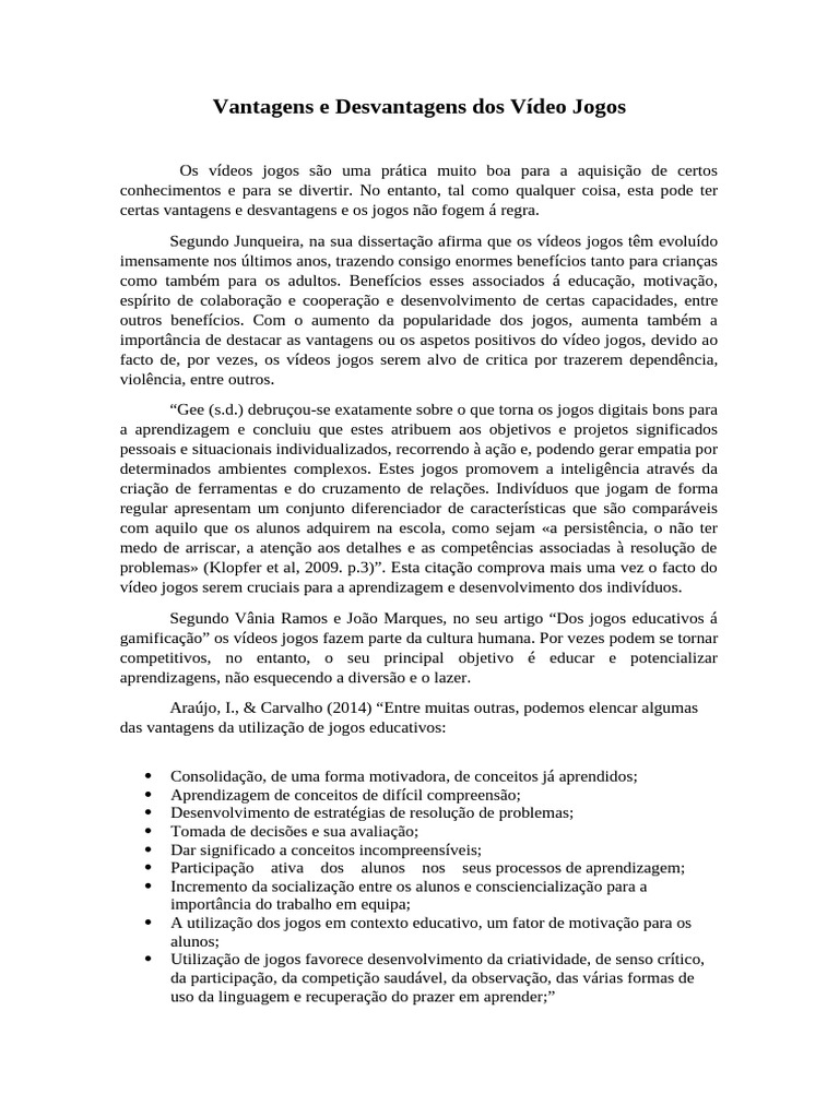 Vantagens e Desvantagens Dos Vídeo Jogos e Jogos +18 | PDF | Aprendizado | Agressão