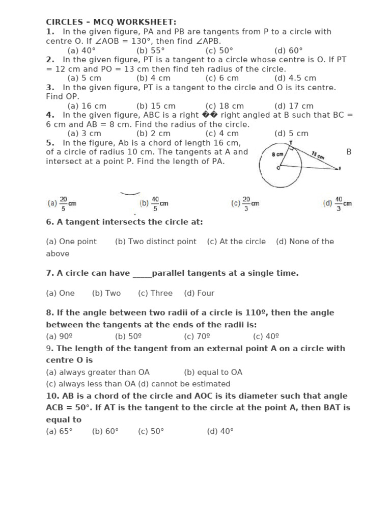 Circle Geometry MCQ Worksheet | PDF