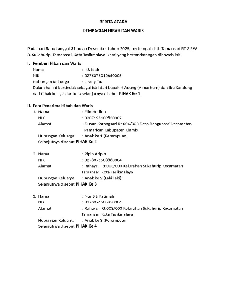 Pembagian Hibah dan Waris Keluarga Tasikmalaya | PDF