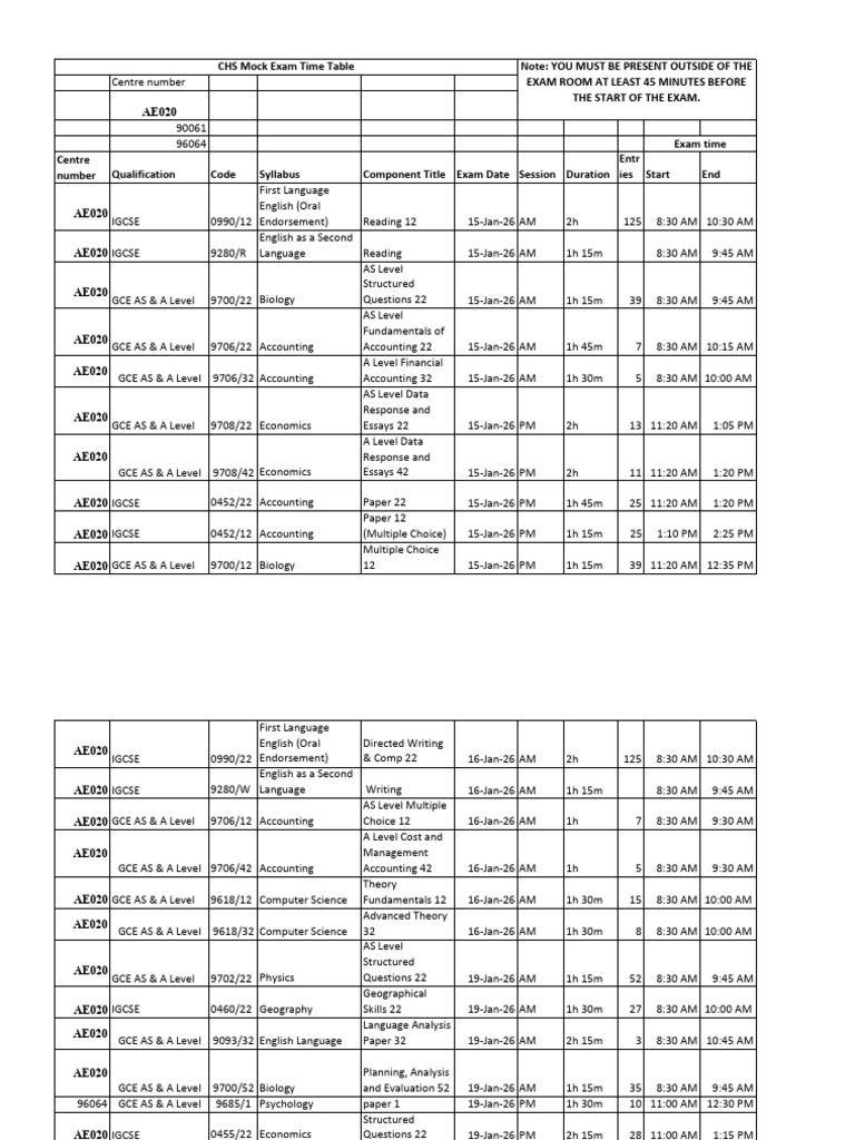 AE020 Exam Timetable January 2026 | PDF | Qualifications | Student ...