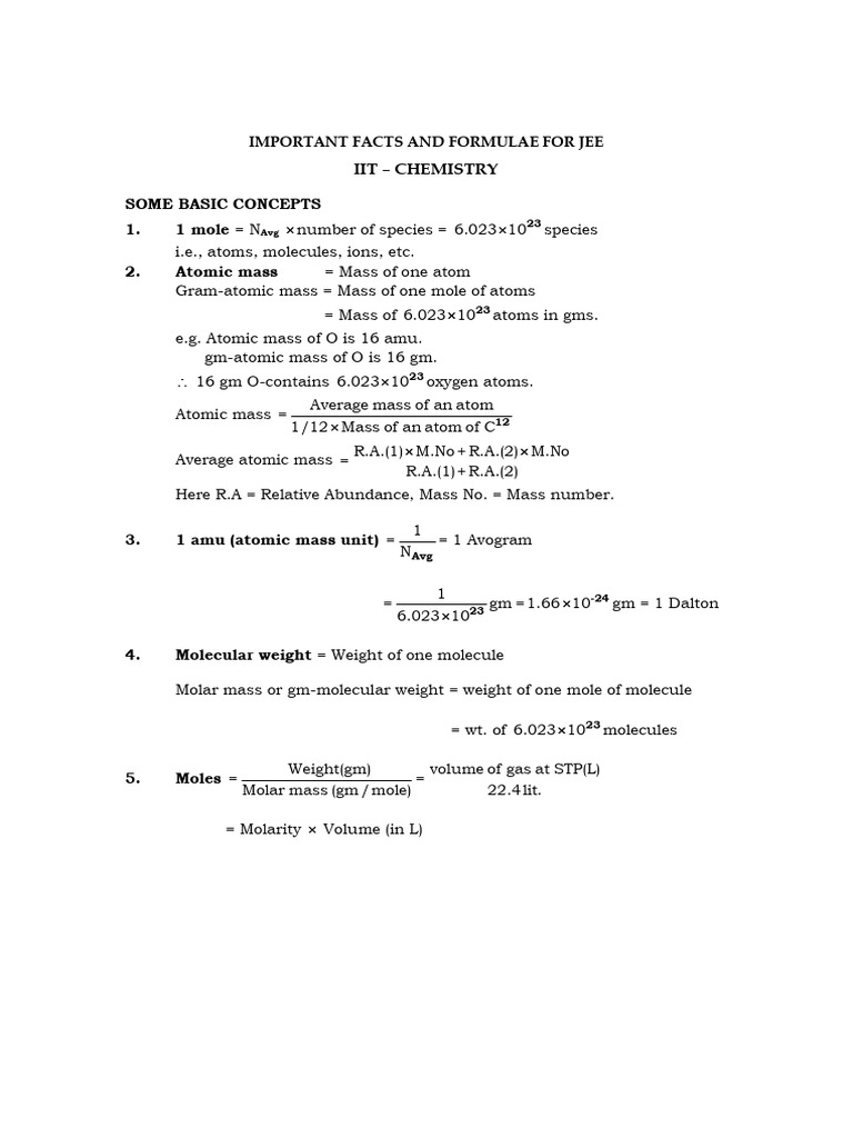 JEE Chemistry Key Facts and Formulas | PDF | Mole (Unit) | Ion