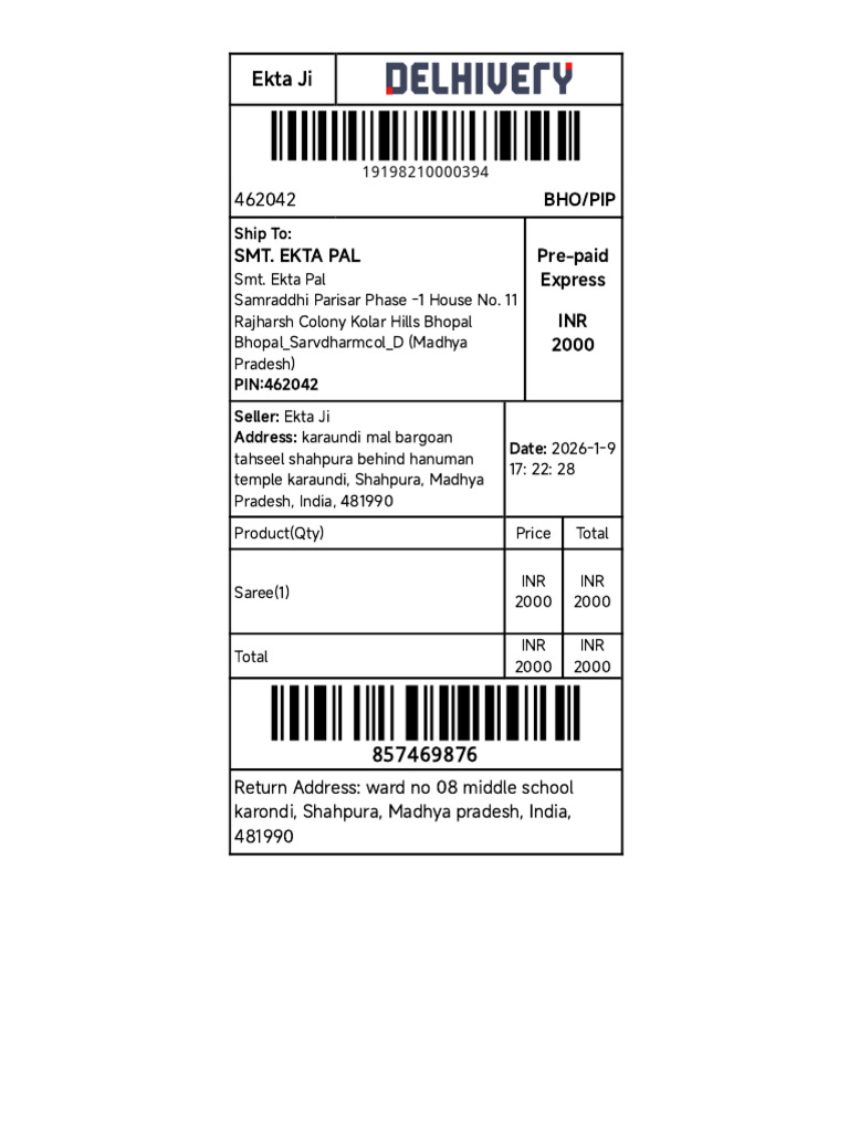 Invoice for Saree Purchase - Ekta Ji | PDF