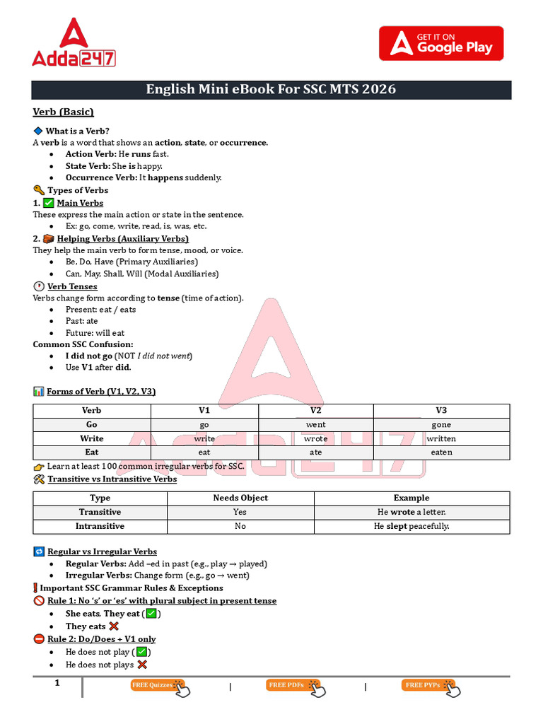 English Mini eBook for SSC MTS 2026_14602 | PDF | Verb | Linguistic ...