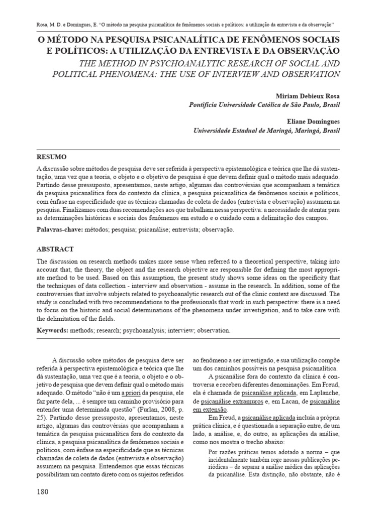 ROSA, M. O método na pesquisa psicanalítica de fenômenos sociais e políticos | PDF | Psicanálise ...