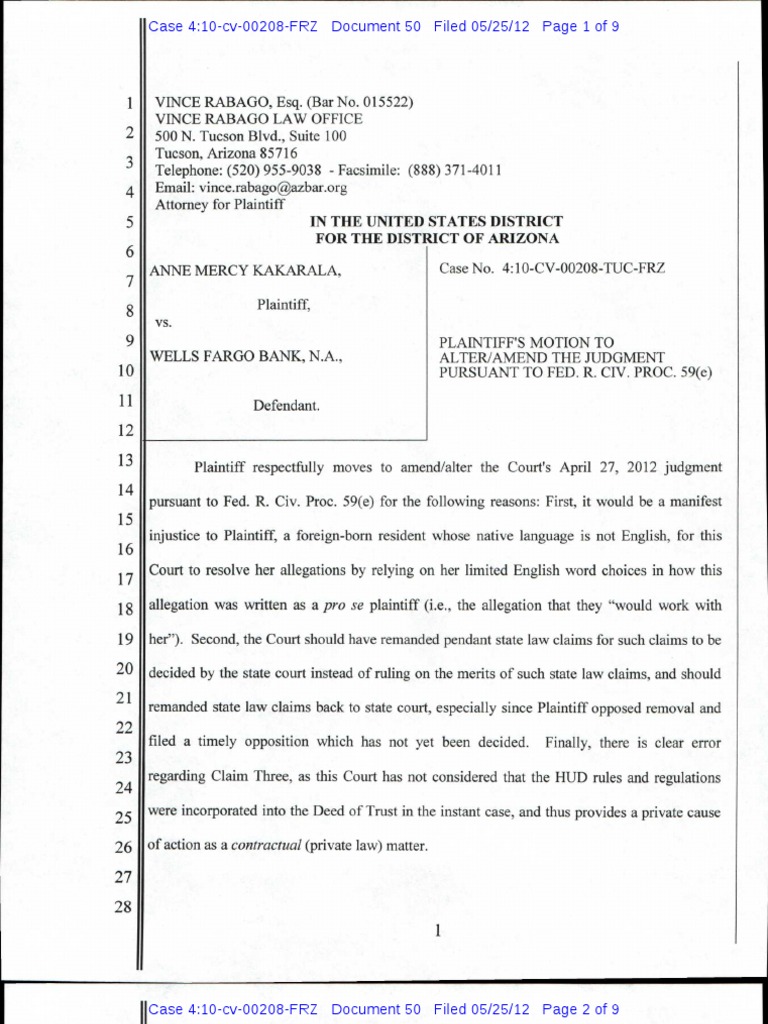 Kakarala V Wells Fargo - Federal Court - Motion To Amend-Alter Judgment ...