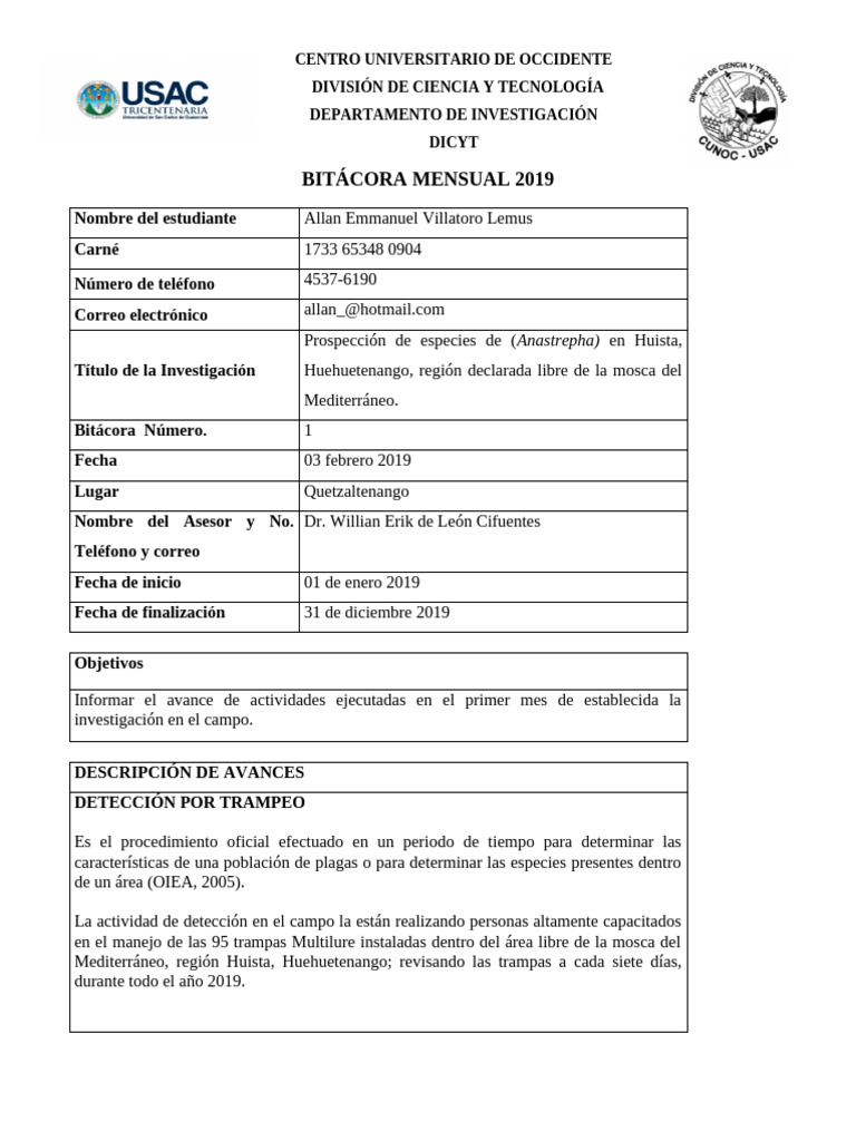 INFORME MENSUAL DE LAS INVESTIGACIONES DICYT CUNOC, USAC 2019 | PDF