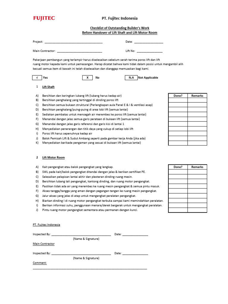 Checklist Pekerjaan Lift Sebelum Serah Terima | PDF