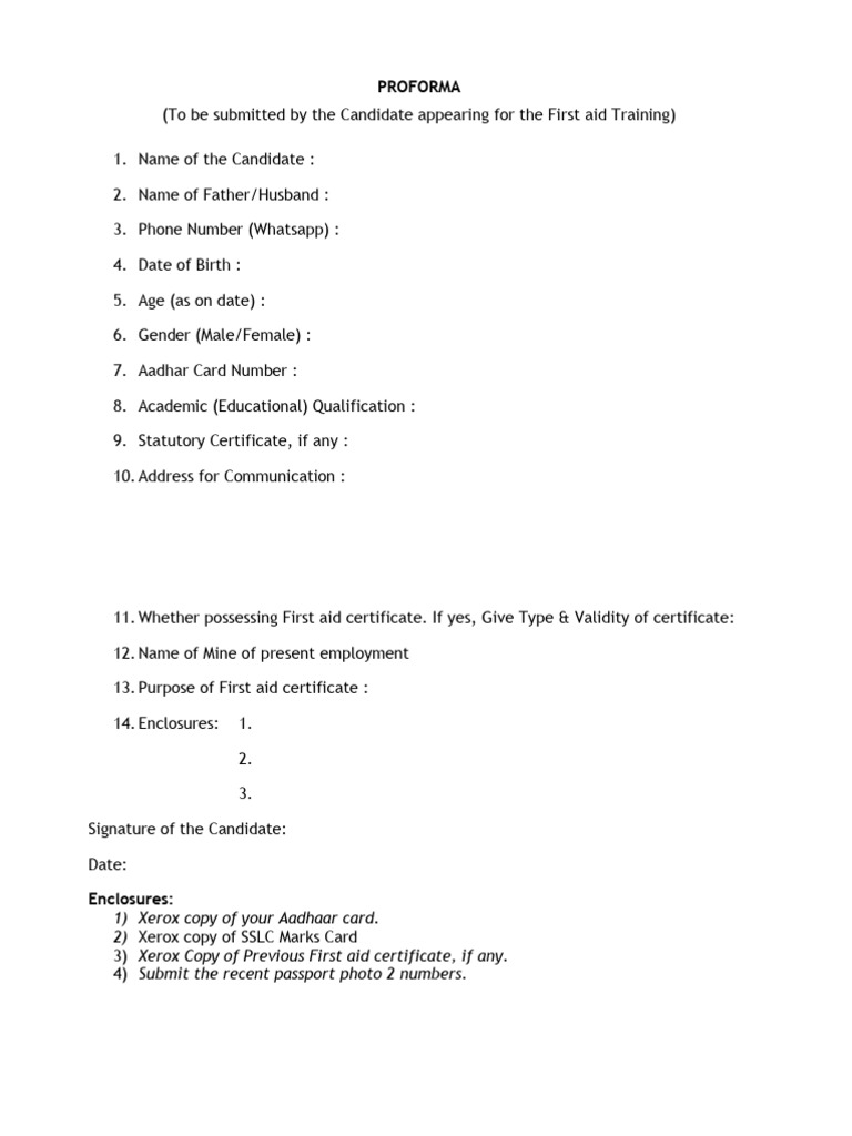 First Aid Training Candidate Proforma | PDF