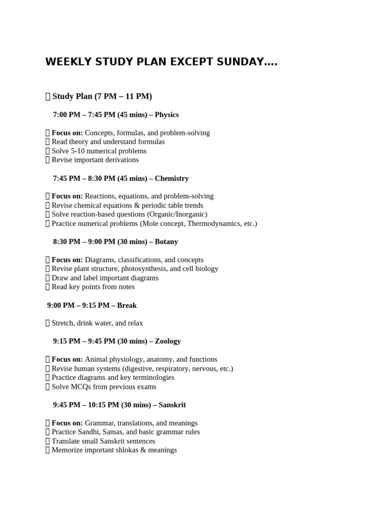 Weekly Study Plan for Science Subjects | PDF