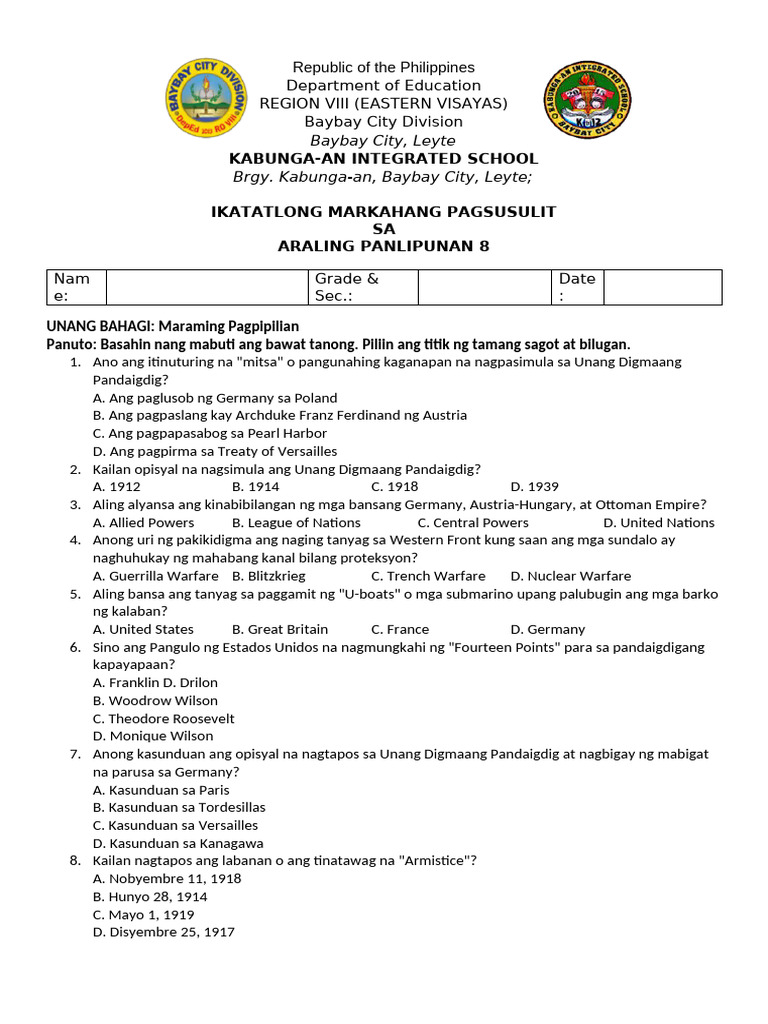 Ikatlong Markahang Pagsusulit Sa Araling Panlipunan 8 | PDF