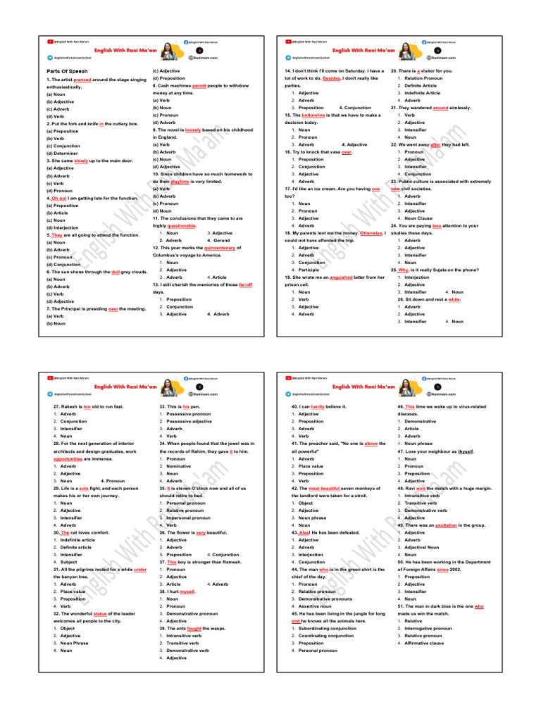 Parts of Speech Quiz and Answers | PDF | Verb | Adjective