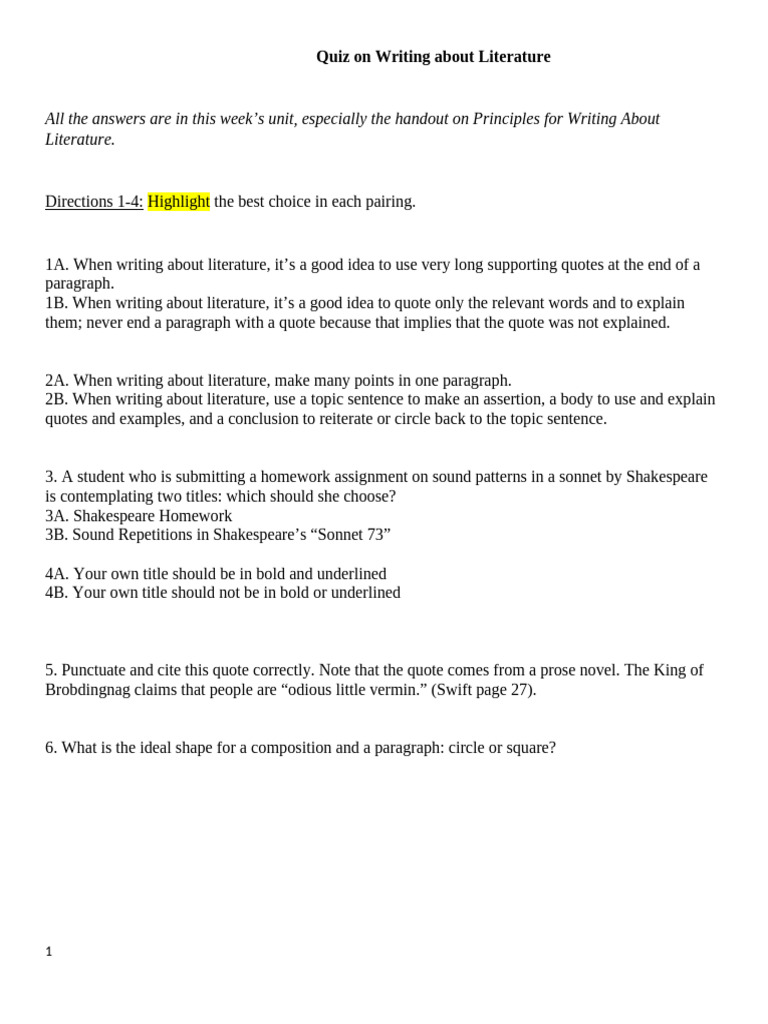 Literature Writing Quiz and Exercises | PDF