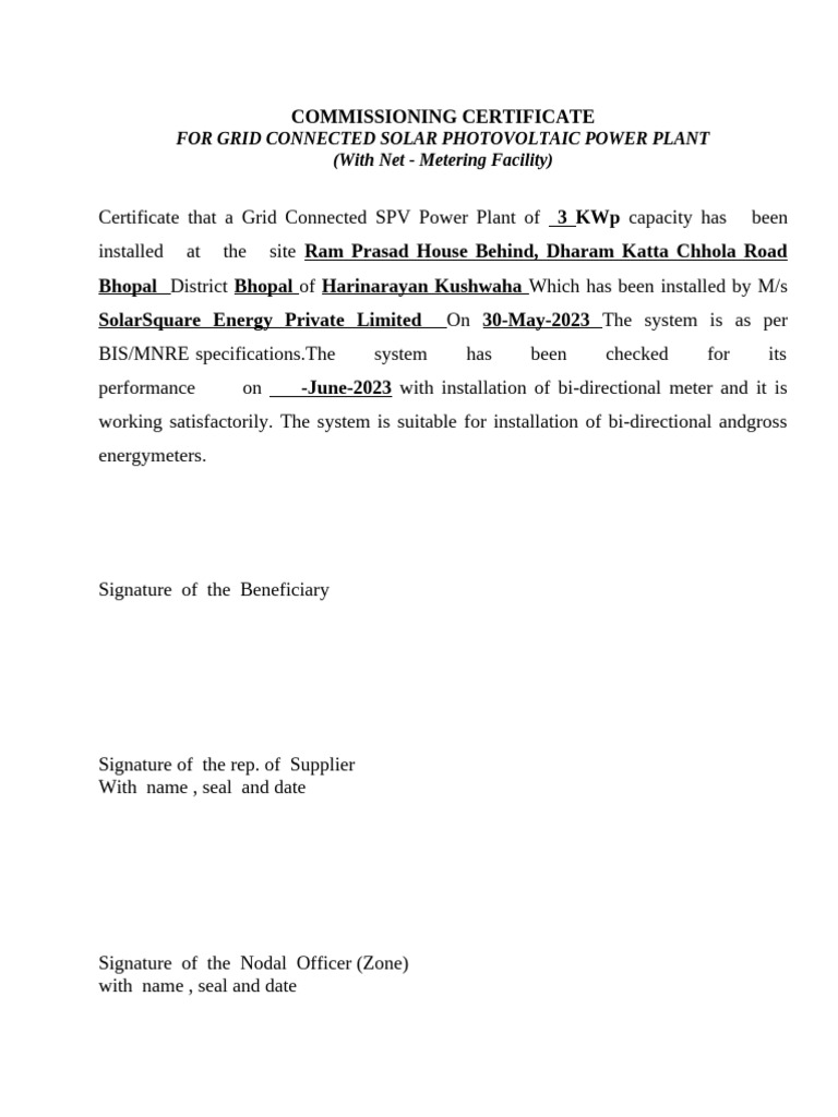 Commissioning Certificate for 3KW Solar PV | PDF | Photovoltaic System ...