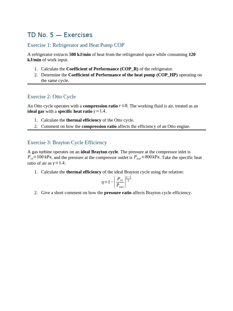 Thermodynamic Cycle Exercises and COP Calculations | PDF