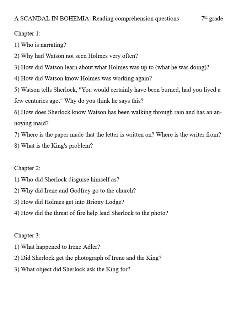 Reading Comprehension Questions Scandal on Bohemia | PDF