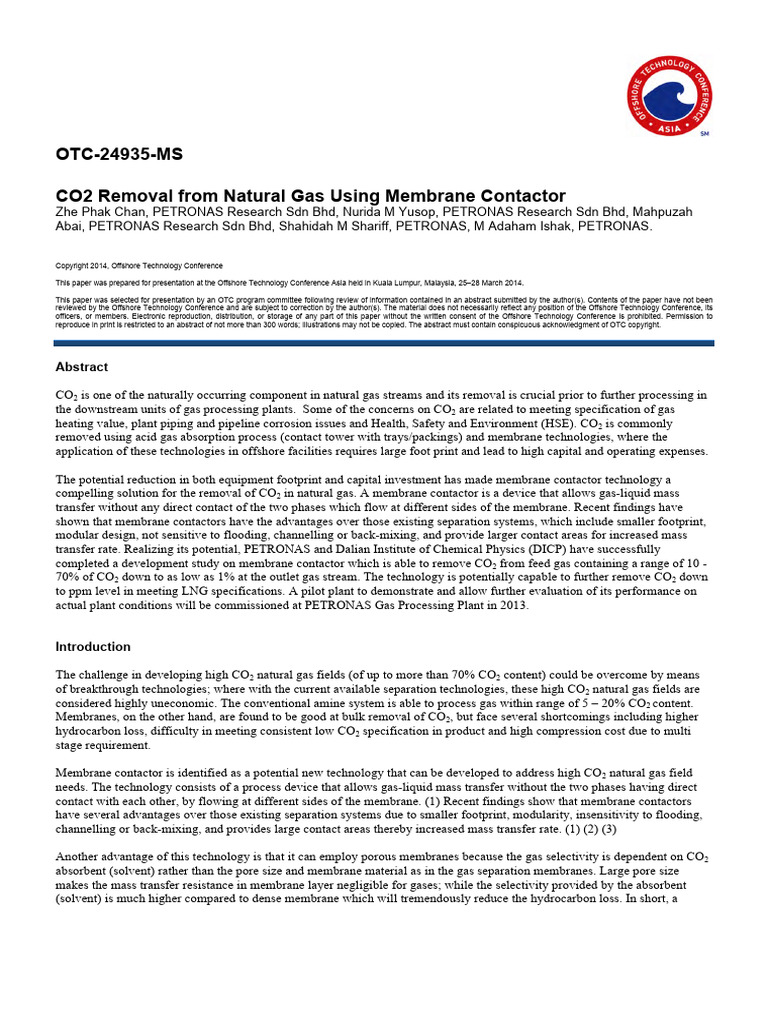 OTC-24935-MS CO2 Removal From Nat Gas Through Membrane Contactor | PDF ...