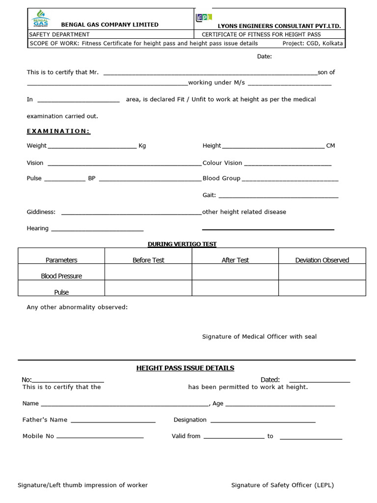 Certificate of Fitness for Working at Height | PDF