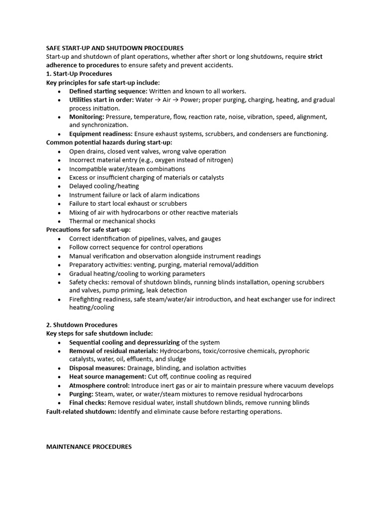 Safe Start-Up and Shutdown Procedures | PDF | Reliability Engineering ...