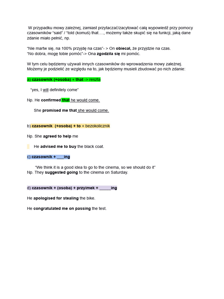 Mowa zależna reporting verbs | PDF