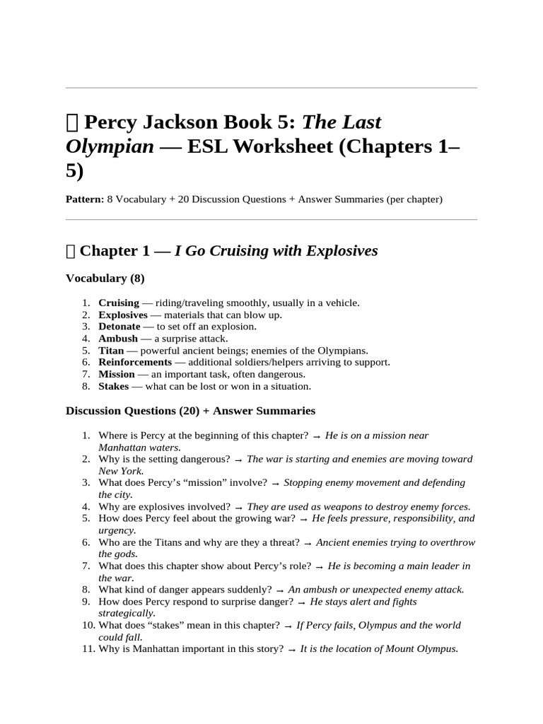 Percy Jackson Book 5: ESL Worksheet 1-5 | PDF