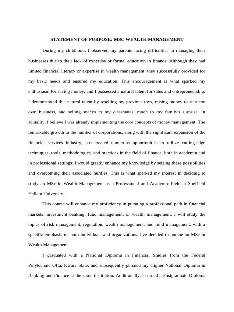 MSc Wealth Management Statement of Purpose | PDF | Learning | Intelligence