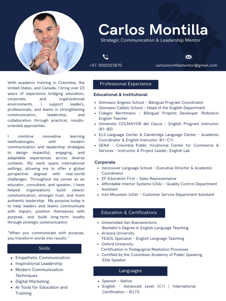 CV English Carlos Montilla | PDF | Leadership | English As A Second Or ...