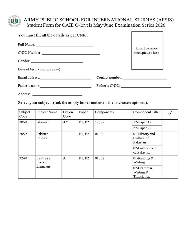 APSIS CAIE O-levels Registration Form 2026 | PDF | Government And ...