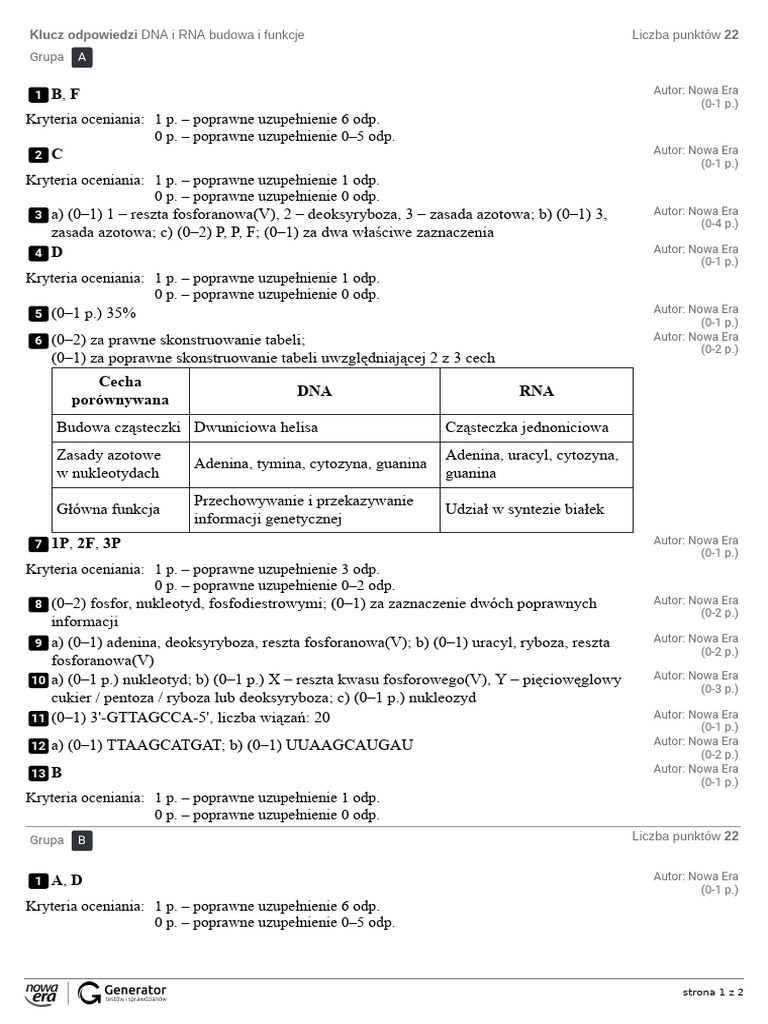 DNA I RNA Budowa I Funkcje Klucz Odpowiedzi | PDF