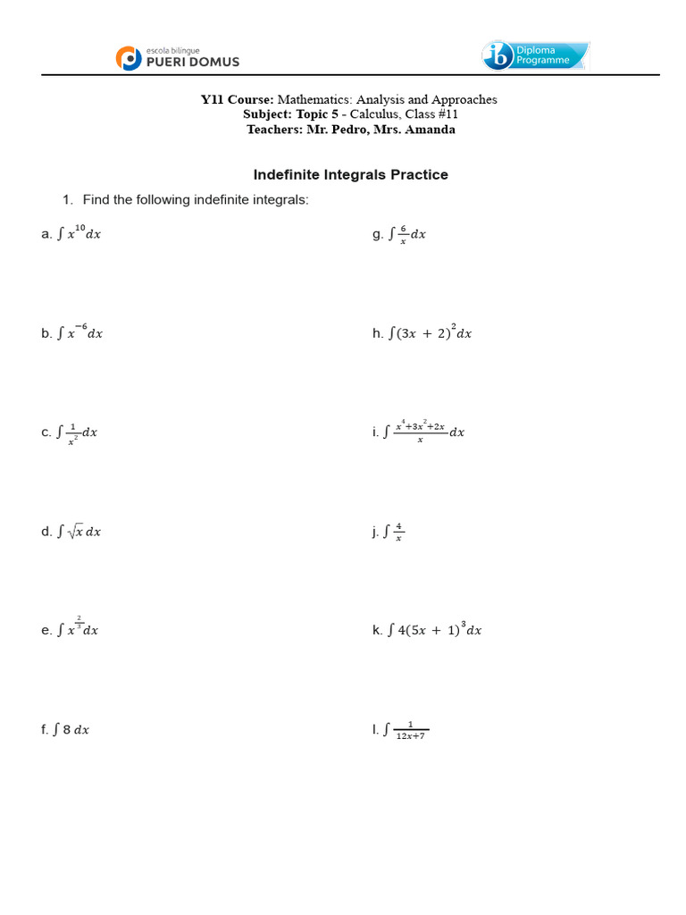 Indefinite Integrals Practice Exercises | PDF