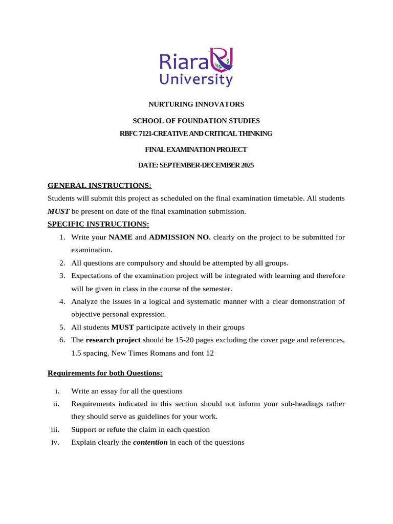 Creative Thinking Exam Project Guide | PDF | Critical Thinking | Thought