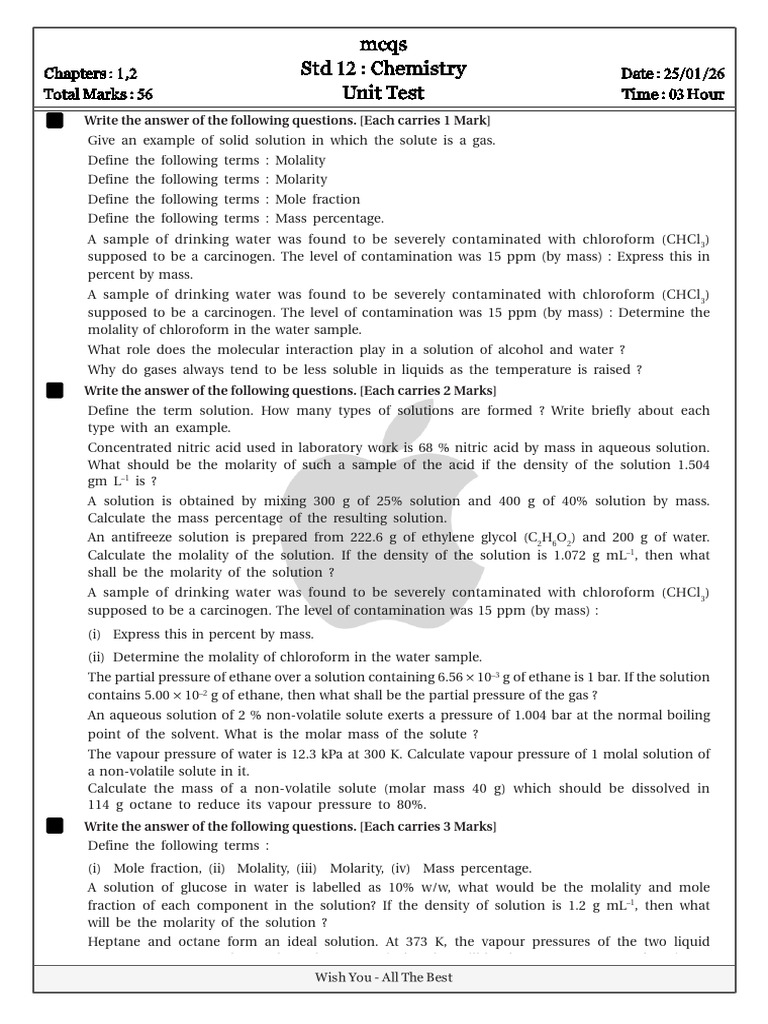 Std 12 Chemistry Unit Test MCQs | PDF | Chemistry | Physical Chemistry