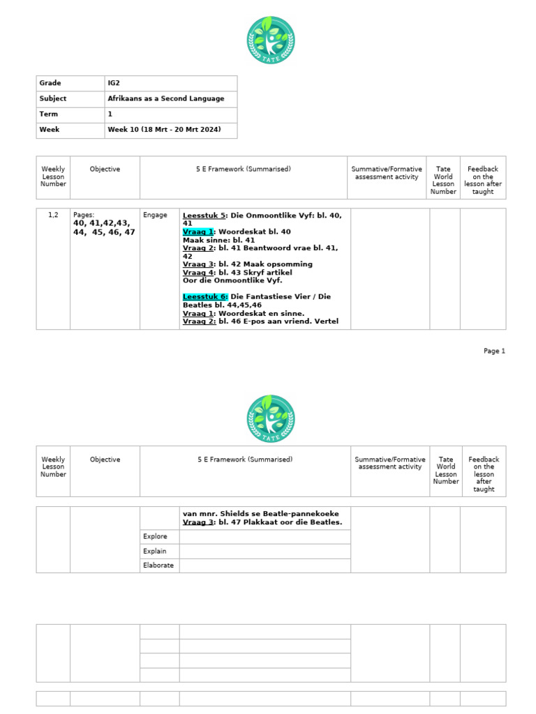 Afrikaans Lesson Plan: Week 10 Activities | PDF