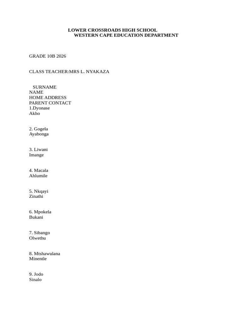 Grade 10B Class Roster 2026 | PDF