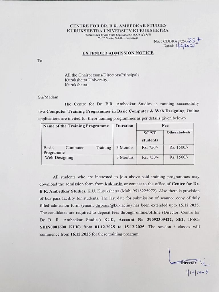 10th Batch Extended Admission Notice For Basic Web Designing | PDF