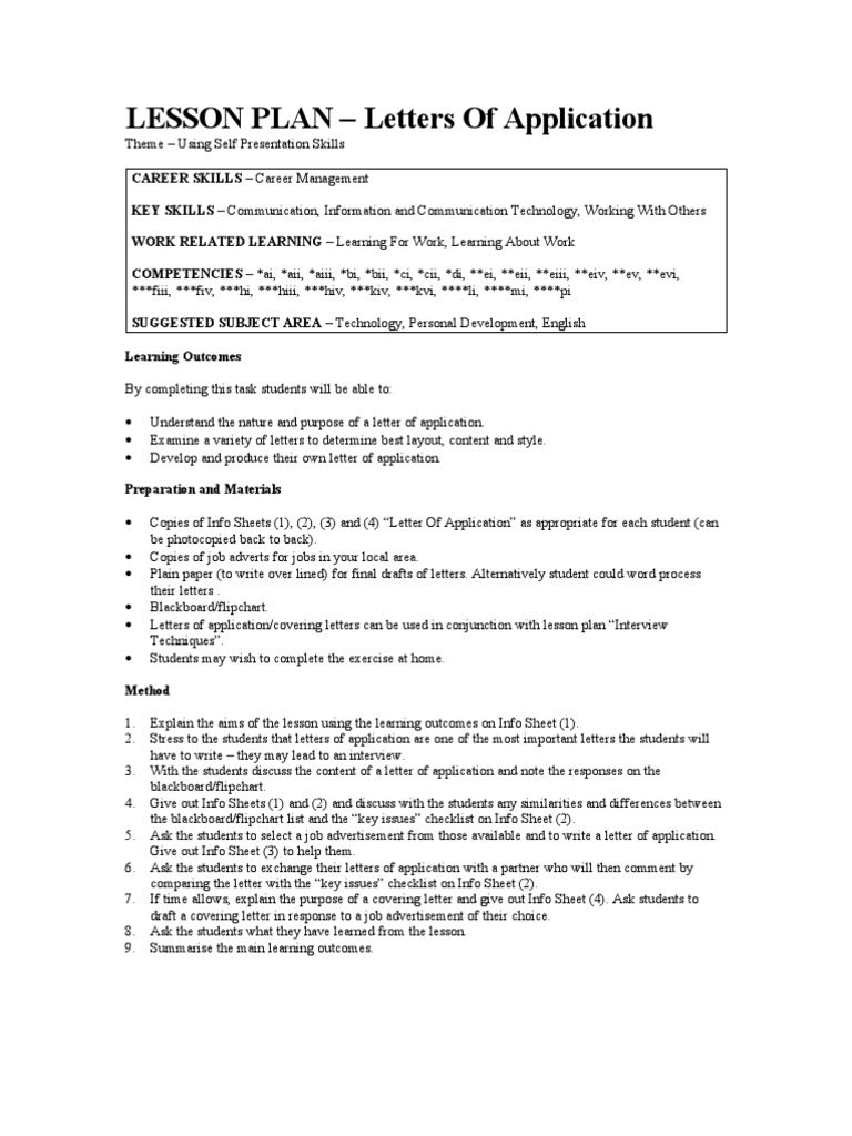 Lesson Plan 11 - Letters of Application | Lesson Plan | Advertising