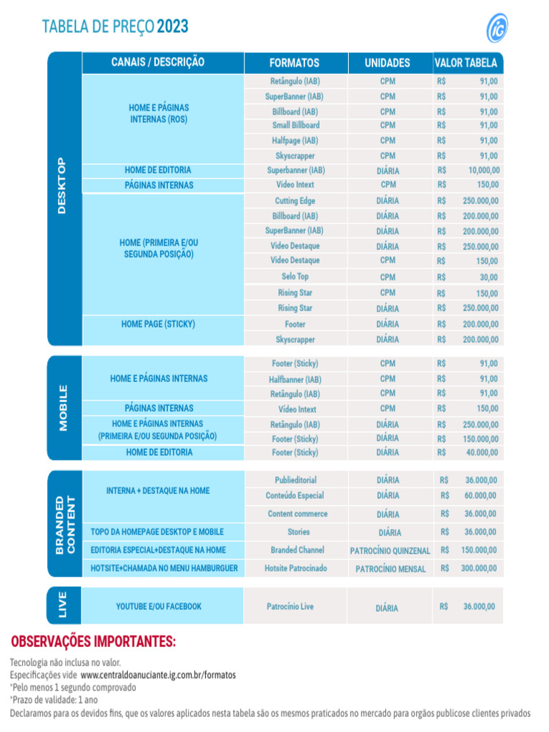 2023 08 IG Tabela-De-Precos | PDF | Mídia de massa