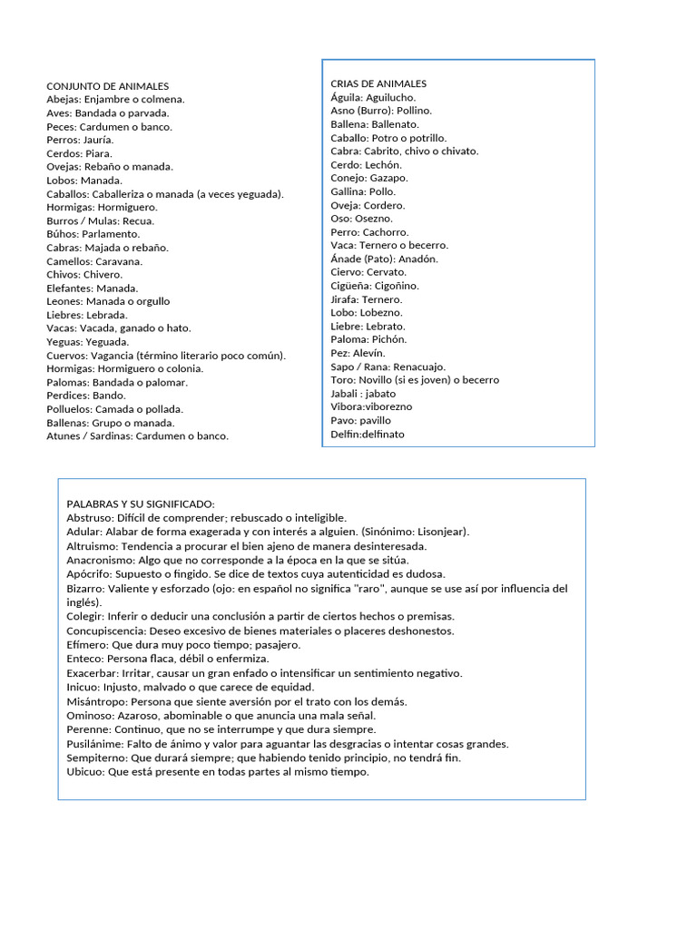 Nombres Colectivos y Crías de Animales | PDF | Animales domesticados ...
