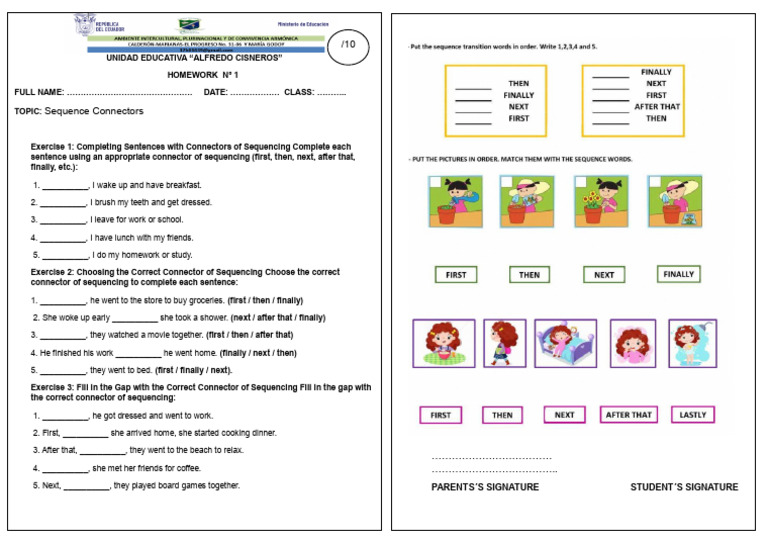 Sequence Connectors Homework Exercise | PDF