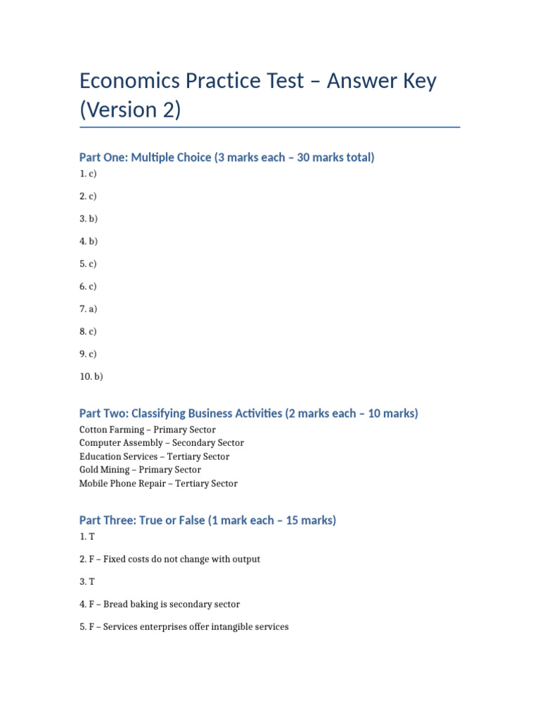 Economics Practice Test Answer Key | PDF