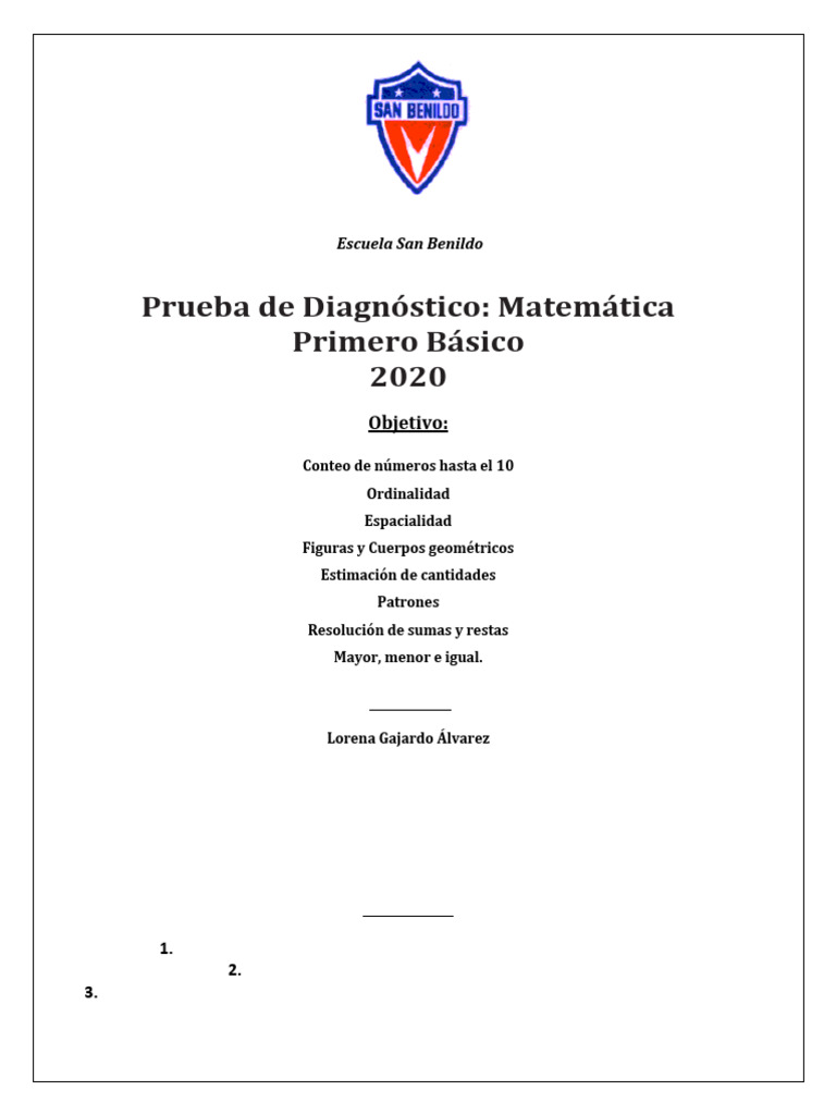 Prueba Diagnóstica Matemática 1° Básico | PDF