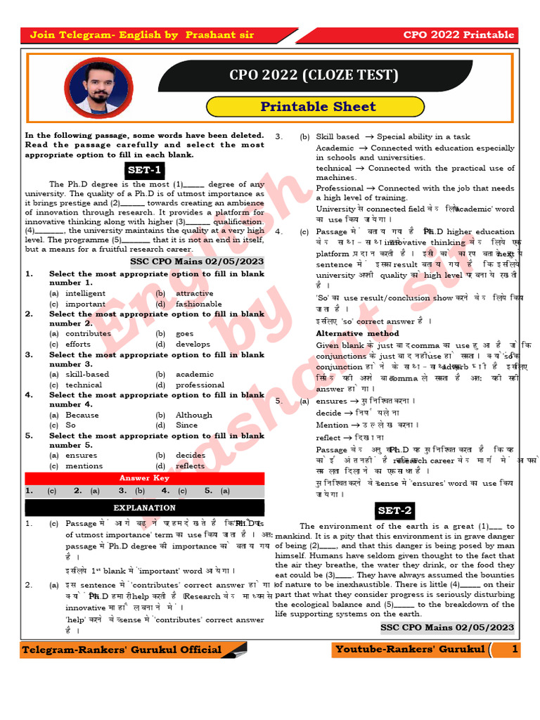 CPO 2022 English Cloze Test Practice | PDF | Morphology | Linguistics