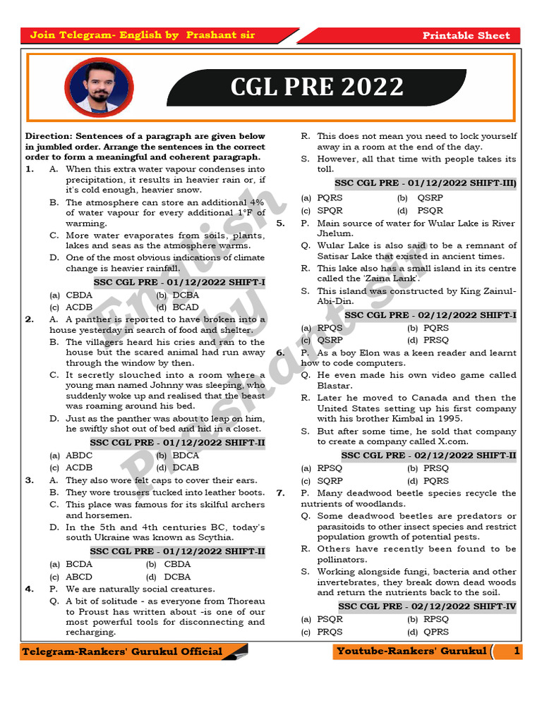 Reading Comprehension CGL Pre 2022 Pqrs Printable File??? ???? | PDF